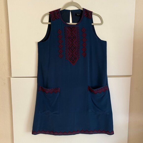 Madewell | Dresses | Madewell Blue Red Silk Embroidered Sleeveless ...